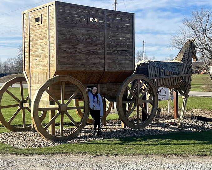 The full-scale buggy showcases traditional craftsmanship, honoring Ohio's Amish heritage with impressive authenticity and artistry.