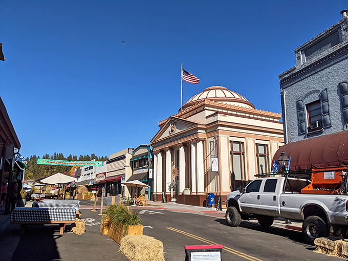 This weathered red building in Nevada City whispers stories of California's gold rush past to anyone who passes by.