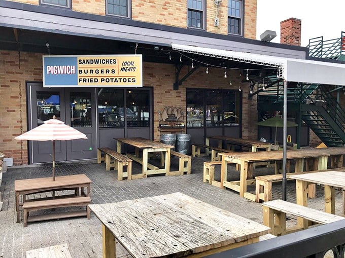 Rustic wooden tables under an open sky – Pigwich knows the best setting for enjoying their locally-sourced sandwich creations.