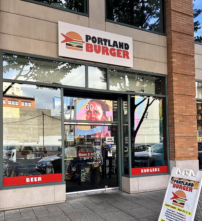 The clean lines and modern signage of Portland Burger hide a delicious secret—they're serving up old-school flavor bombs.