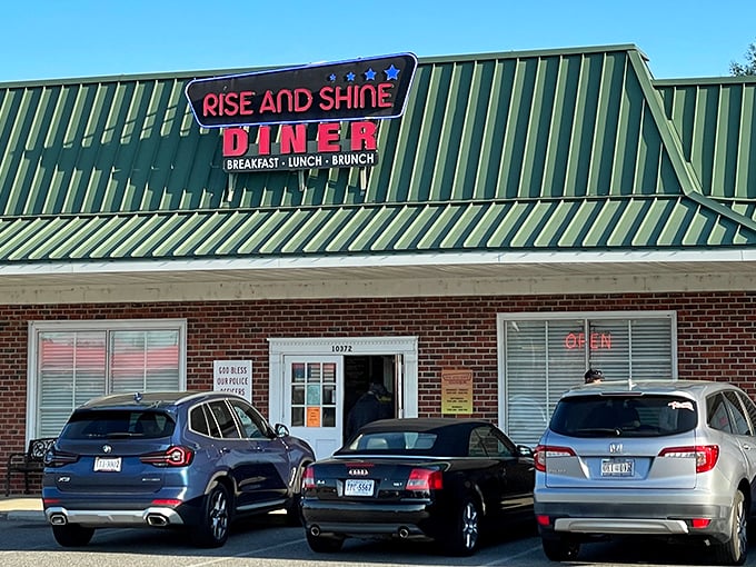 Morning sunshine illuminates the Rise and Shine sign, promising pancakes that could turn Monday frowns upside down. 