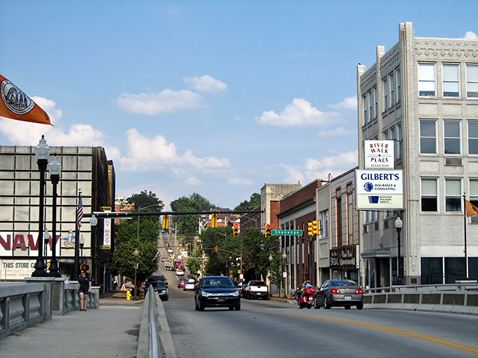The warm glow of autumn transforms Sharon's main street into a golden gallery of small-town Americana.