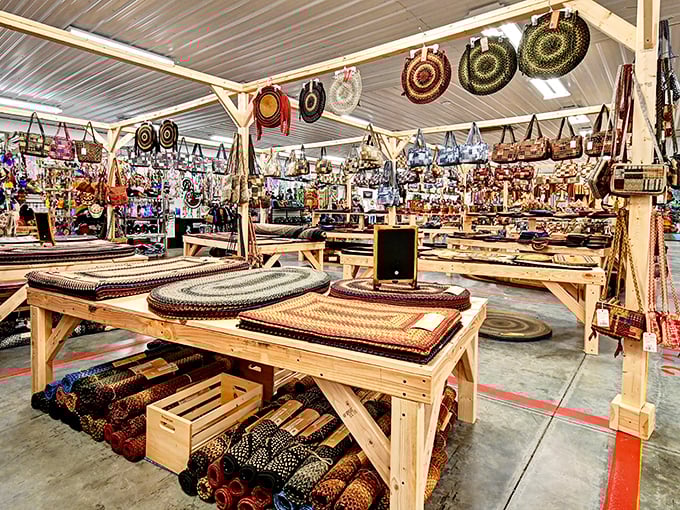Handcrafted rugs hang like colorful flags in Walnut Creek's Amish Market—each one a story woven into practical art.