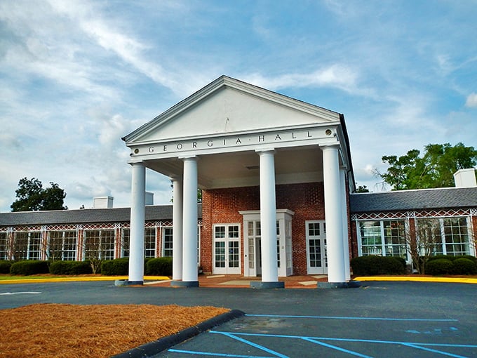 Georgia Hall in Warm Springs exudes Southern grandeur with its imposing white columns—a fitting tribute to the town's presidential connections.