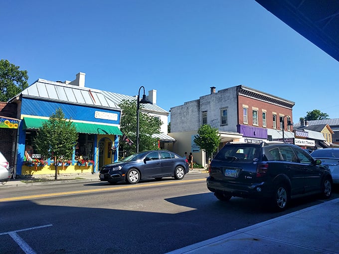 That charming stretch of Yellow Springs' main street isn't just history—it's a colorful blend of small-town shops and sunny Ohio skies, capturing the spirit of community and time.