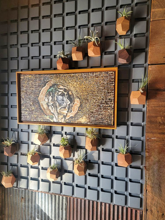 Even the decor tells a story – geometric planters with air plants create a modern accent wall that somehow feels perfectly at home in this rustic space.