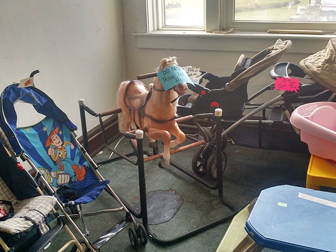 Baby strollers and high chairs stand ready to serve the next generation of tiny adventurers.