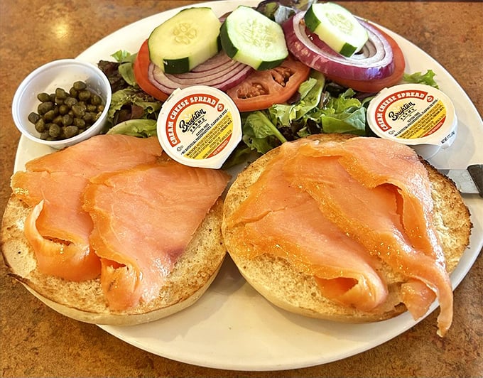 The bagel salmon plate—where New York deli tradition meets Pennsylvania hospitality. Ocean-to-table poetry on a circular canvas.