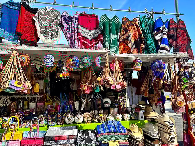 A kaleidoscope of colors and textures in the artisan section. These handcrafted bags and decorative skulls bring Mexican folk art traditions to Northern California.