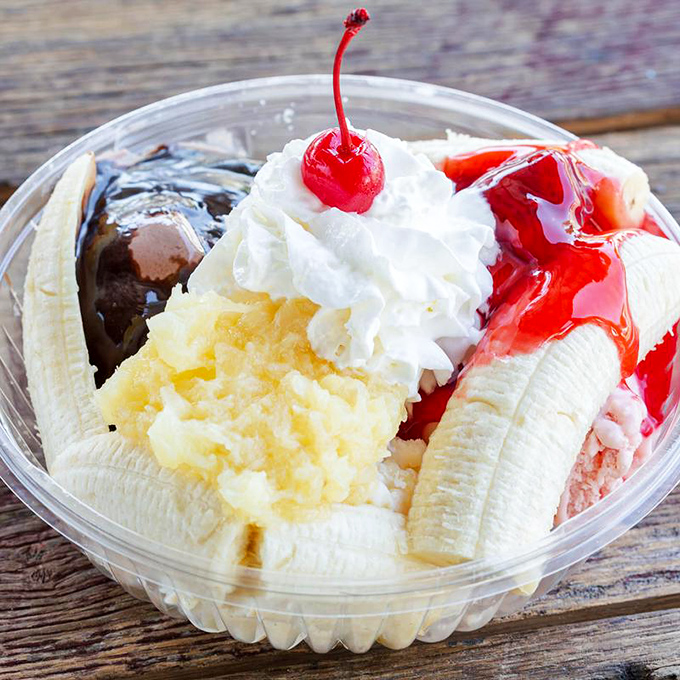 This banana split isn't trying to be healthy—it's trying to be the reason you smile for the rest of the day. Mission accomplished.