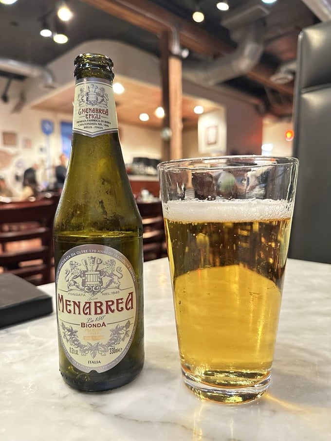 Italian beer: because sometimes wine feels too fancy for pizza. Menabrea offers the perfect crisp counterpoint to all that cheesy goodness.