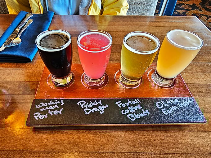 Beer flight nirvana—from dark and brooding to bright and bubbly. Like dating four people at once, but completely acceptable in public.