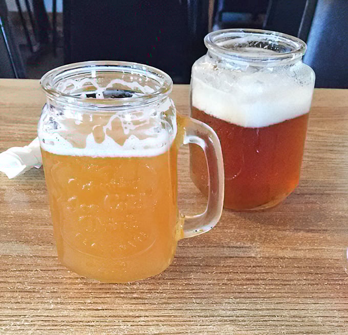 Mason jar beers – because after conquering a mountain of fried seafood, you deserve a proper toast to your achievement.
