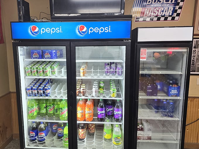 The beverage cooler – because even pizza royalty needs proper hydration. That Mountain Dew is practically begging to join your pepperoni party.