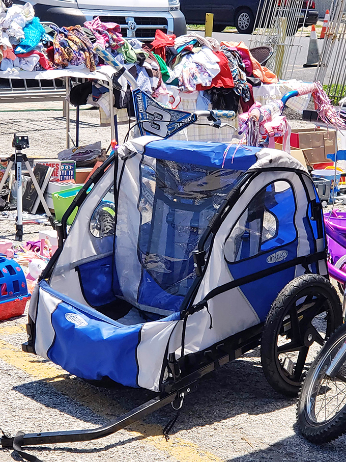 Family-friendly finds extend to practical purchases too – this bike trailer represents weekend adventures waiting to happen at a fraction of retail.