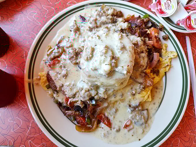 Biscuits and gravy that could settle family feuds. That pool of sausage gravy isn't just comfort food—it's practically therapy on a plate.