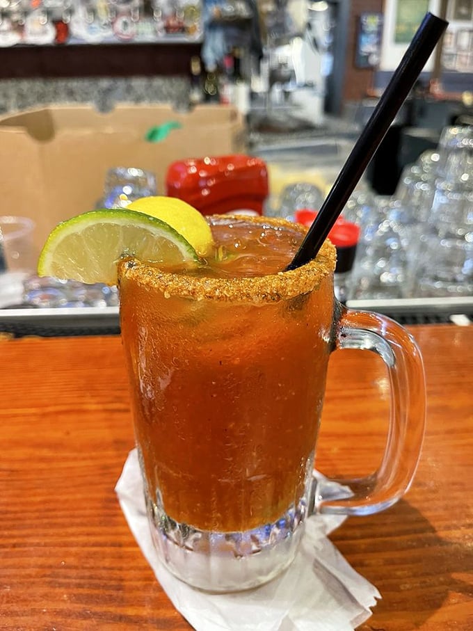 This isn't just a Bloody Mary—it's a spicy, tangy work of art with a salted rim that's practically begging for oyster accompaniment.
