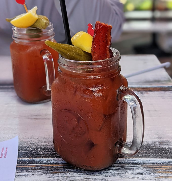 Their Bloody Mary comes fully loaded like a flavor grenade—complete with pickle, bacon, and enough garnishes to count as a small appetizer.
