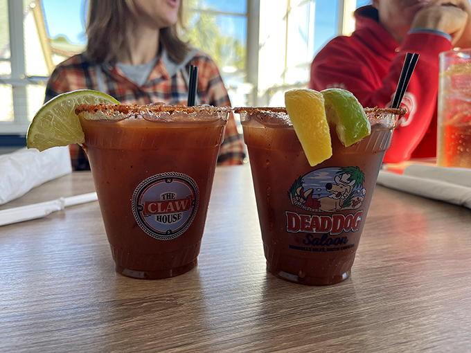 Bloody Marys with a salt rim and citrus garnish—the perfect coastal cocktail that says "vacation" even if you're just playing hooky on a Tuesday.