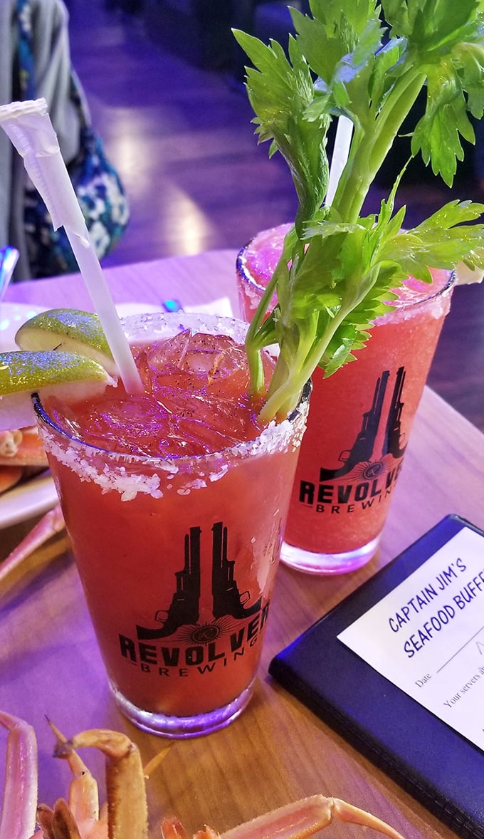 These Bloody Marys come dressed for success with celery stalks standing tall – liquid appetizers that set the stage for seafood feasting.