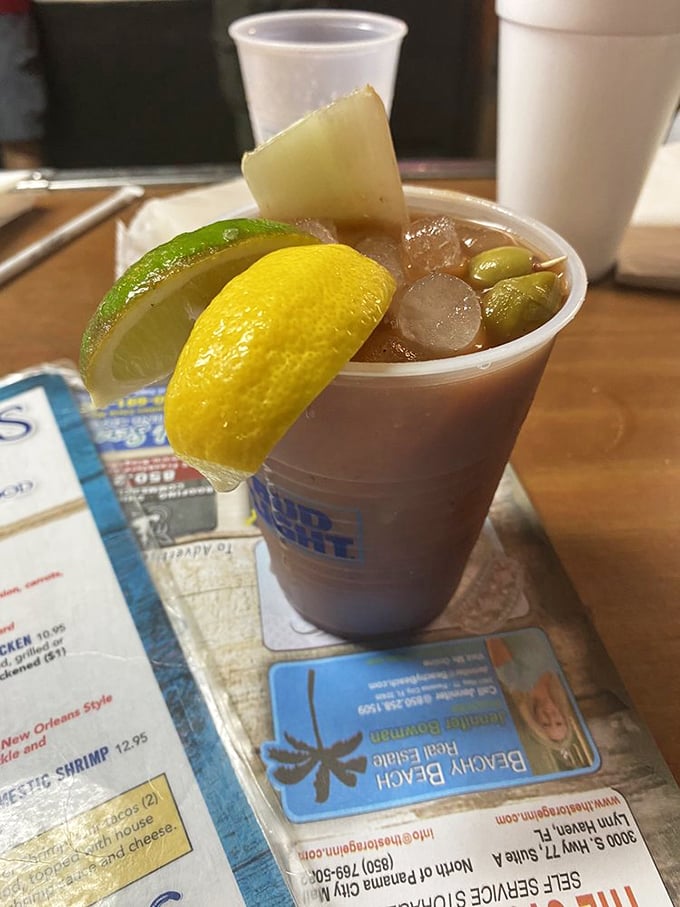 This Bloody Mary isn't just a drink—it's breakfast, appetizer, and cocktail in one gloriously garnished glass of vacation spirit.