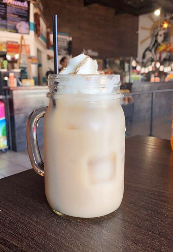A creamy horchata in a mason jar – the perfect cool counterpoint to the warm embrace of spicy tamales.