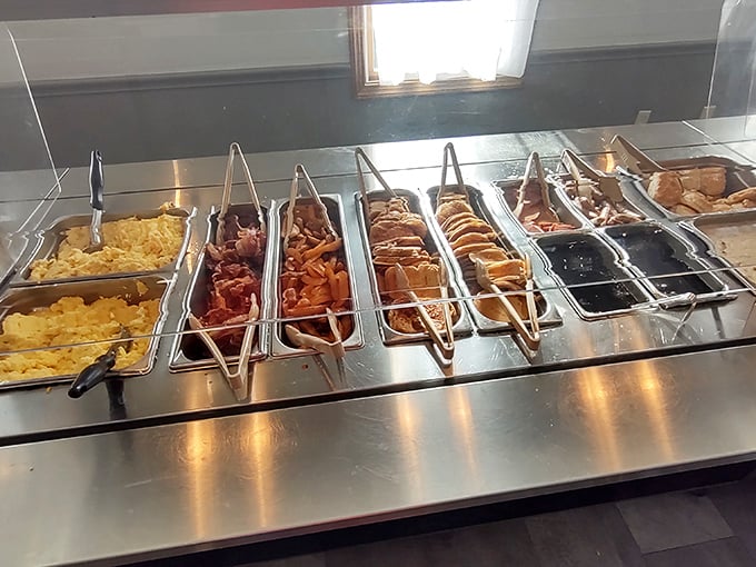 The breakfast buffet line—where morning dreams come true and diet plans go to die gloriously.