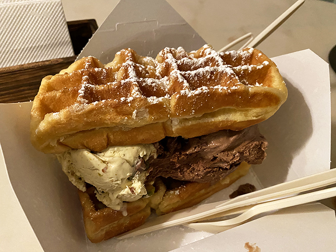 The waffle ice cream sandwich: proof that breakfast and dessert were always meant to be together. That dusting of powdered sugar is the chef's kiss.
