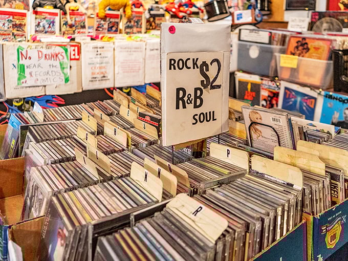 Vinyl paradise where music lovers flip through history one album at a time. The "Rock, R&B, Soul" sign might as well read "Enter Time Machine Here."