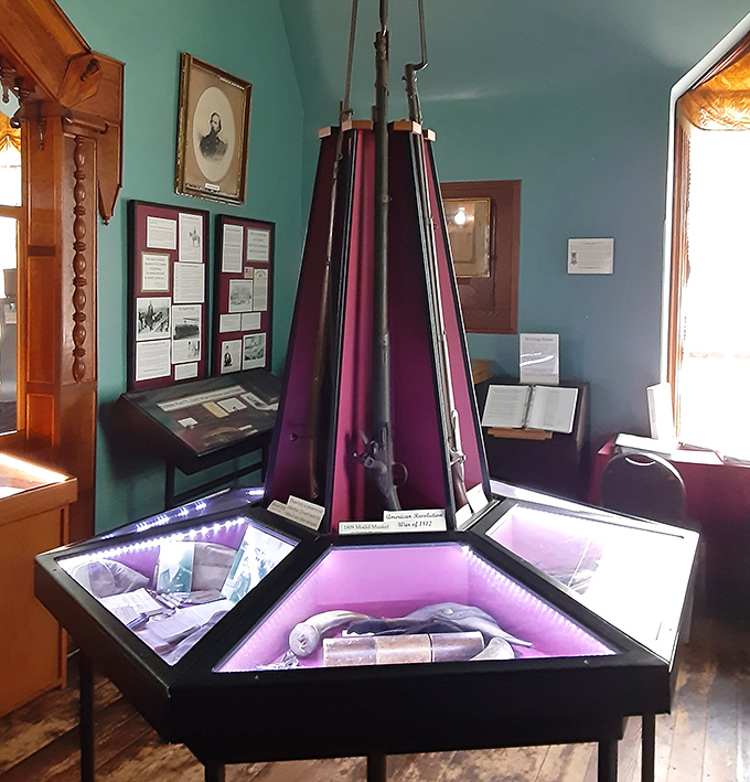 Civil War rifles arranged like a historical bouquet. The Victorians had a flair for displaying everything from weapons to butterflies with theatrical panache.