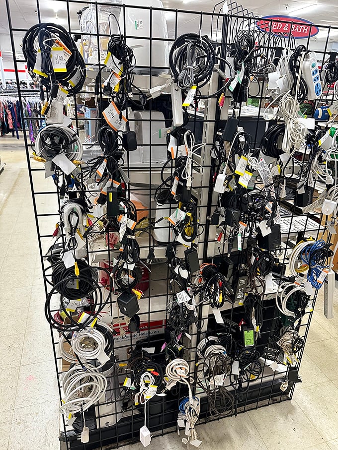 The electronic accessories section—a tangle of potential where one person's obsolete charger becomes another's power solution.