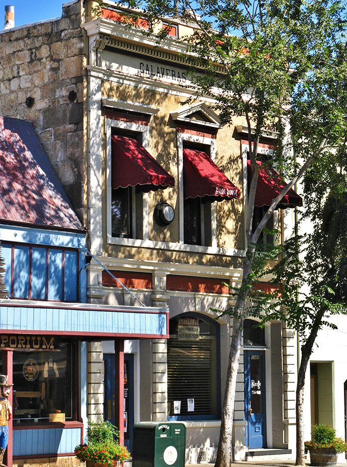 The Calaveras County Bank Building stands as solid as its financial reputation once was, its stone facade a monument to Gold Rush prosperity.