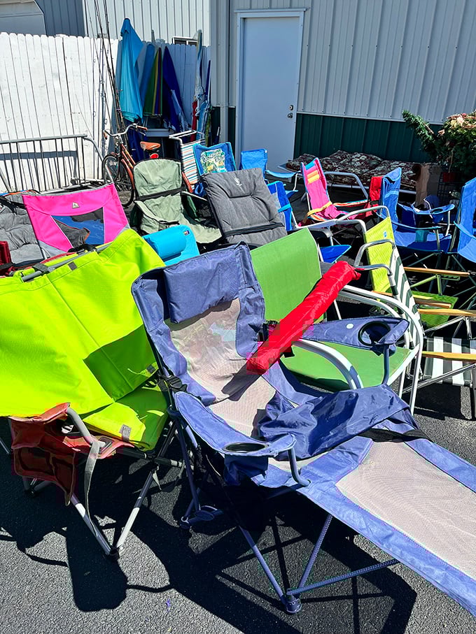 Beach chairs and camping gear stand ready to make your outdoor adventures comfortable and budget-friendly.