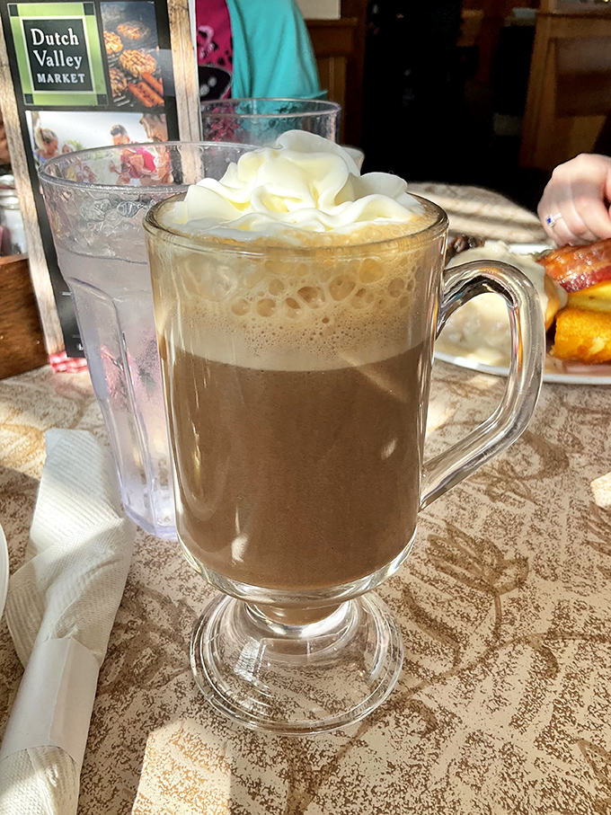 A hot cappuccino topped with a cloud of whipped cream. In Amish country, even the coffee feels like it's giving you a warm embrace.