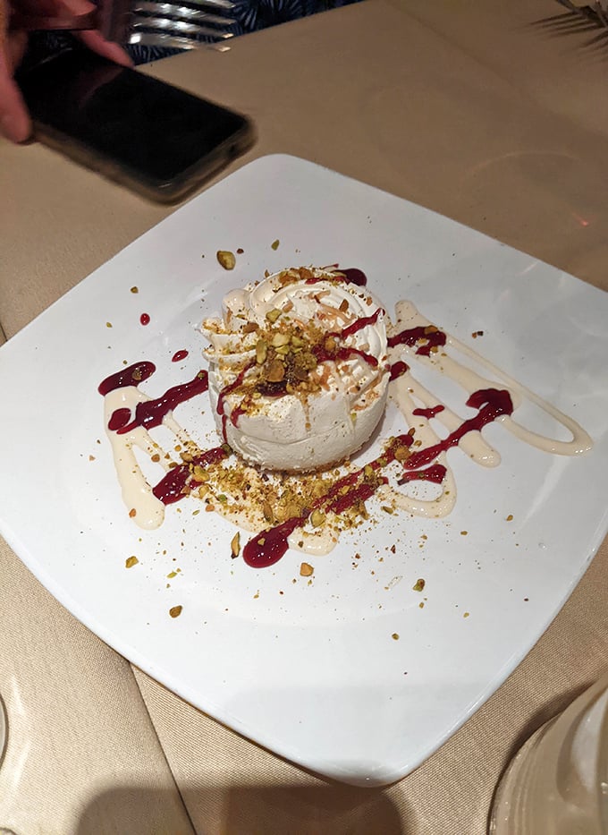 This isn't just dessert—it's edible abstract art. The raspberry sauce creates Jackson Pollock-worthy splashes across a canvas of creamy sweetness.