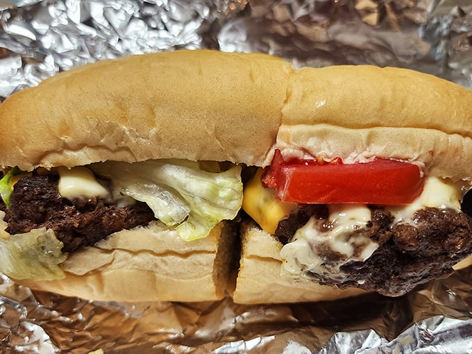 A cross-section view that burger dreams are made of. The structural integrity alone deserves an engineering award from MIT. 