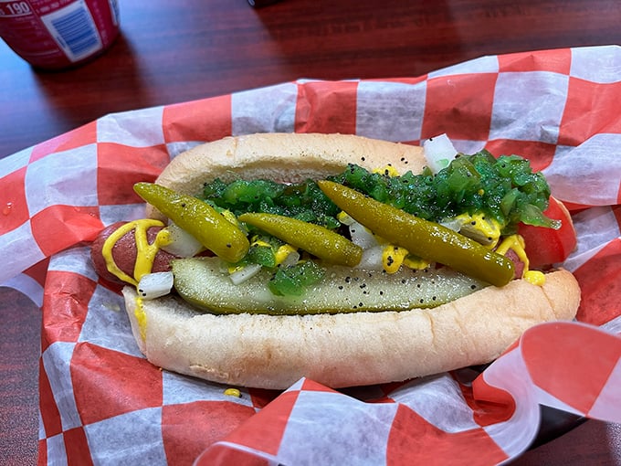 The Chicago Dog in all its glory – a garden of toppings that somehow creates perfect harmony rather than chaos.