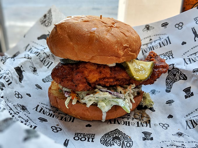Architecture in sandwich form. The structural integrity of that bun supporting the massive chicken cutlet deserves an engineering award.