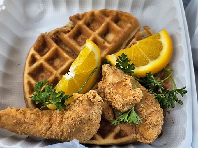 Chicken and waffles—the ultimate sweet-savory combo that somehow tastes even better when you're taking a break from Interstate 5.