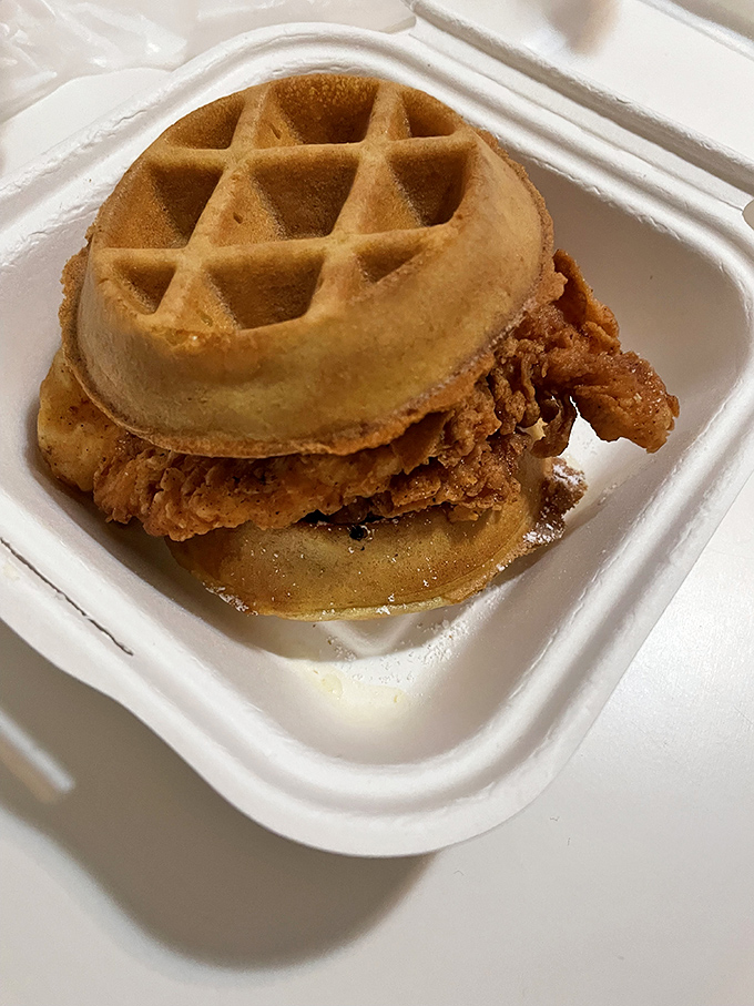 The chicken and waffle slider—where breakfast and dinner have a beautiful romance. It's the Romeo and Juliet of food, but with a happy ending.