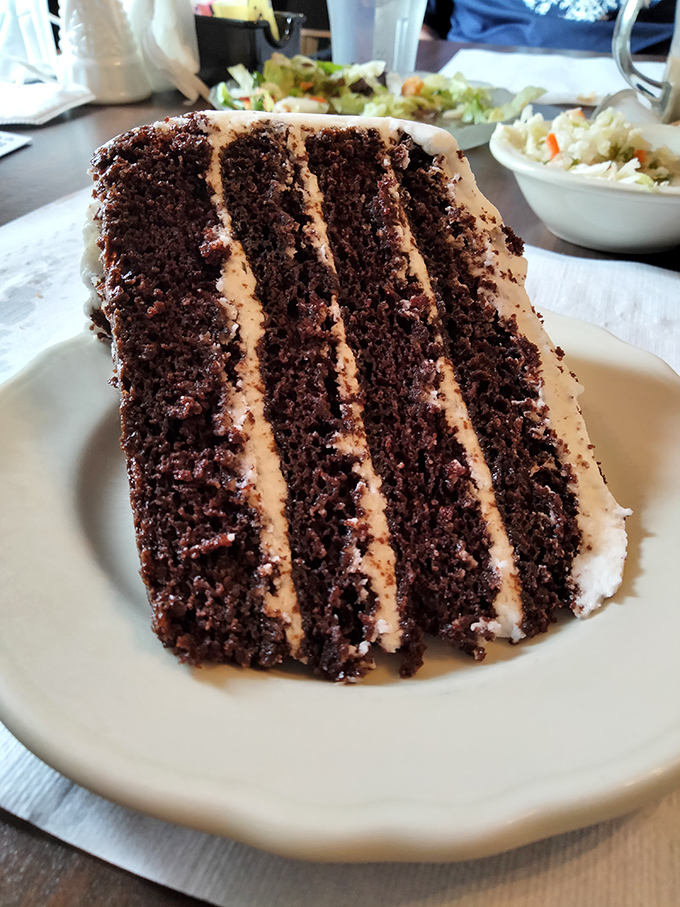 Layer upon layer of chocolate decadence separated by velvety frosting – this cake doesn't just satisfy your sweet tooth, it throws a party for it.