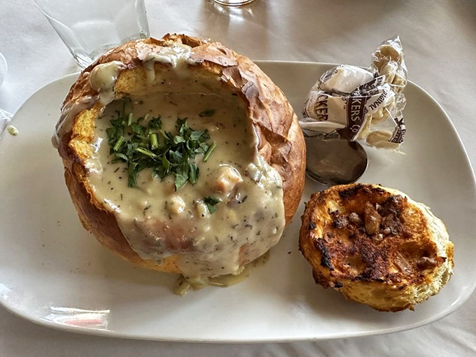 Not just clam chowder—it's a bread bowl of coastal comfort. Like a warm hug from the Pacific Ocean itself.