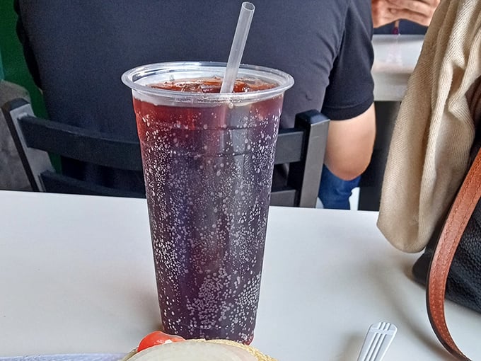 The perfect companion to sandwich perfection—a tall, fizzy soda that cuts through the richness like the sensible friend in your food adventure.