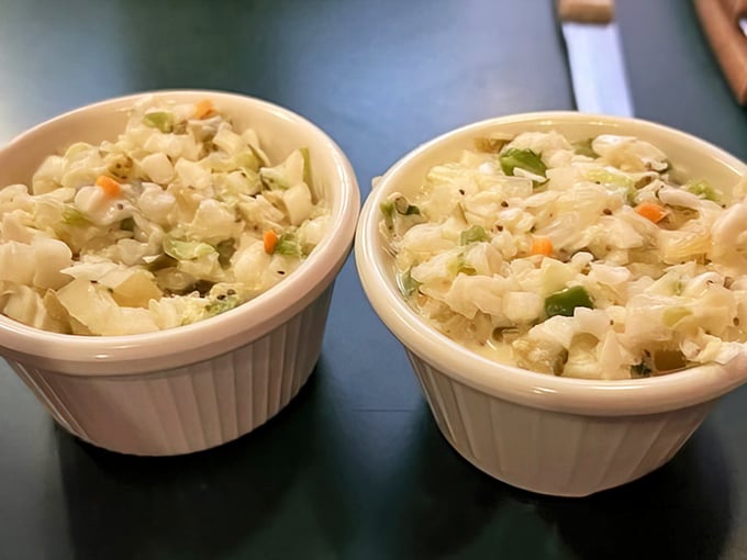 Cole slaw that understands its purpose in the barbecue ecosystem – crisp, fresh, and ready to cut through the richness of smoked meats.