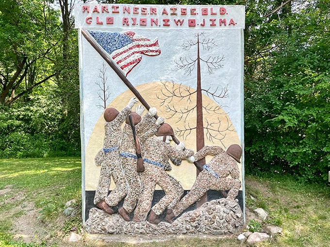 The Iwo Jima memorial, Wisconsin-style—a poignant reminder that folk art can capture profound moments with simple materials and enormous heart.