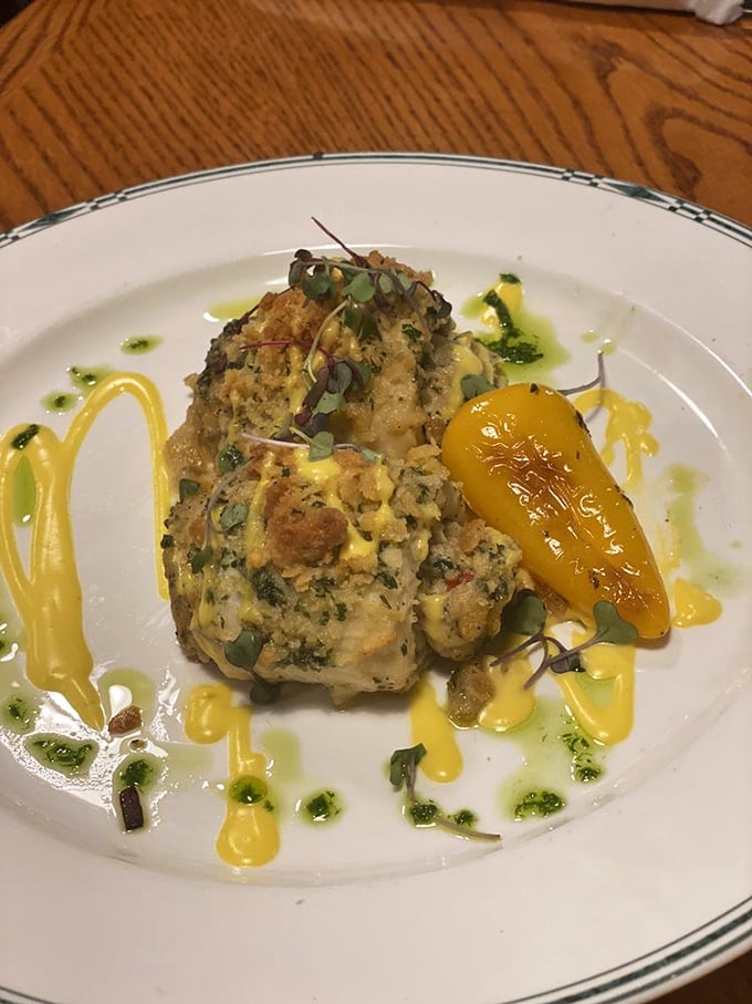Crab-stuffed flounder that's so beautifully plated it almost feels wrong to eat it. Almost. The yellow pepper adds both color and a sweet counterpoint.