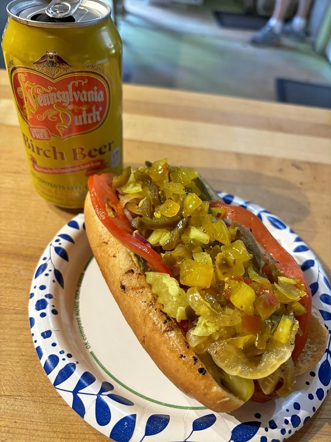 Not just a hot dog – a canvas of culinary creativity topped with a garden of relish and condiments. Paired with Pennsylvania Dutch birch beer for maximum enjoyment.