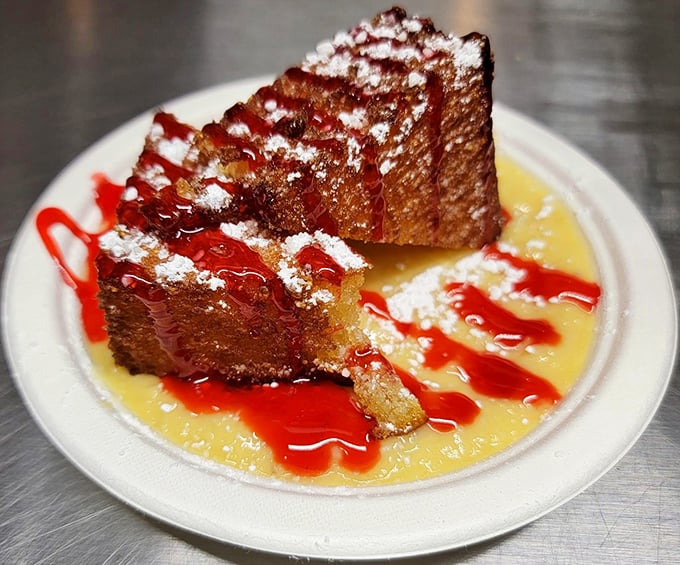 Deep-fried cornbread swimming in sweet sauce—proof that dessert at a barbecue joint isn't an afterthought, it's the encore performance.