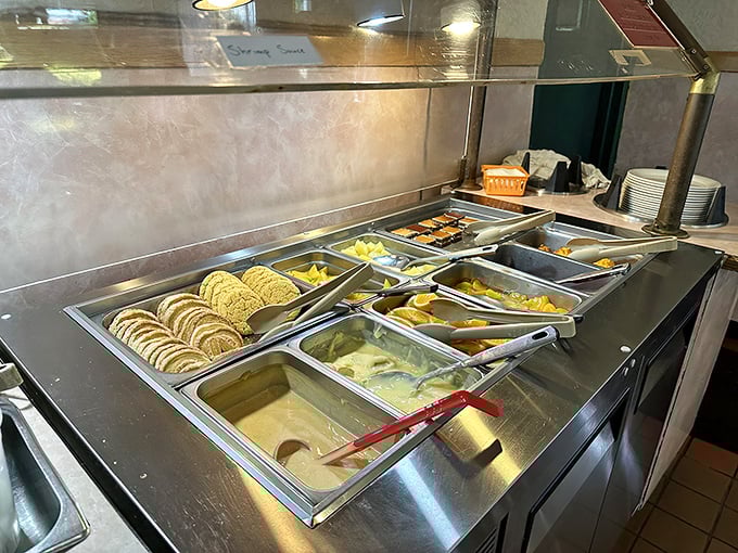 The dessert station offers sweet endings to your feast. Those cookies might look humble, but they're the perfect finale to your buffet adventure.