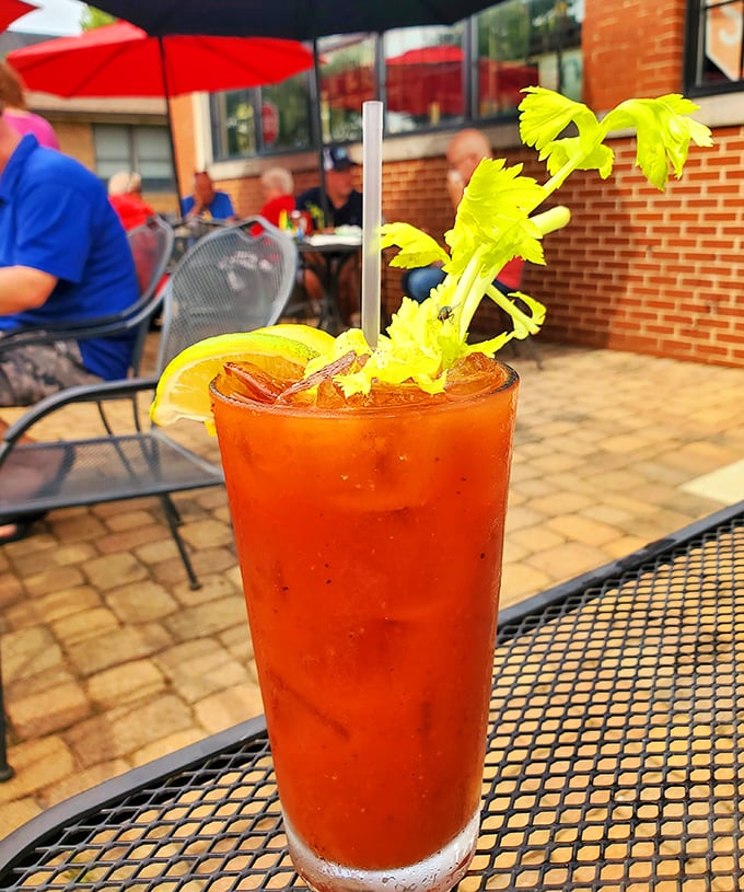 The Bloody Mary that thinks it's a salad – spicy, substantial, and somehow both hangover cure and vegetable serving in one convenient glass.